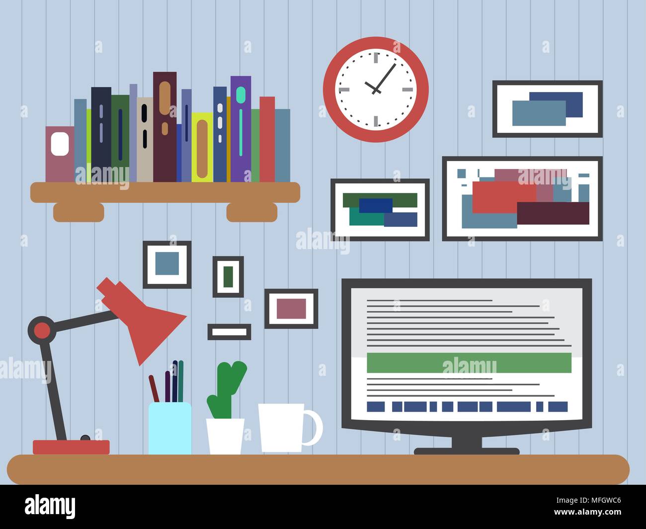 Flat design of modern office interior with designer desktop showing ...