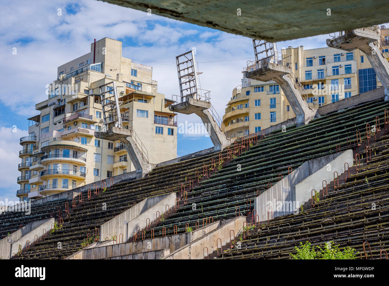 Abandoned and falling apart swimming pool with tribunes, Tbilisi ...