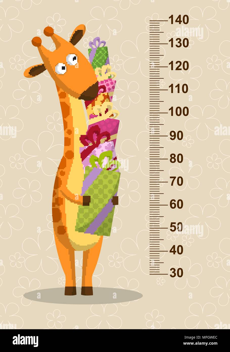 Cartoon giraffe with gifts on a beige background. Stadiometer. Vector ...