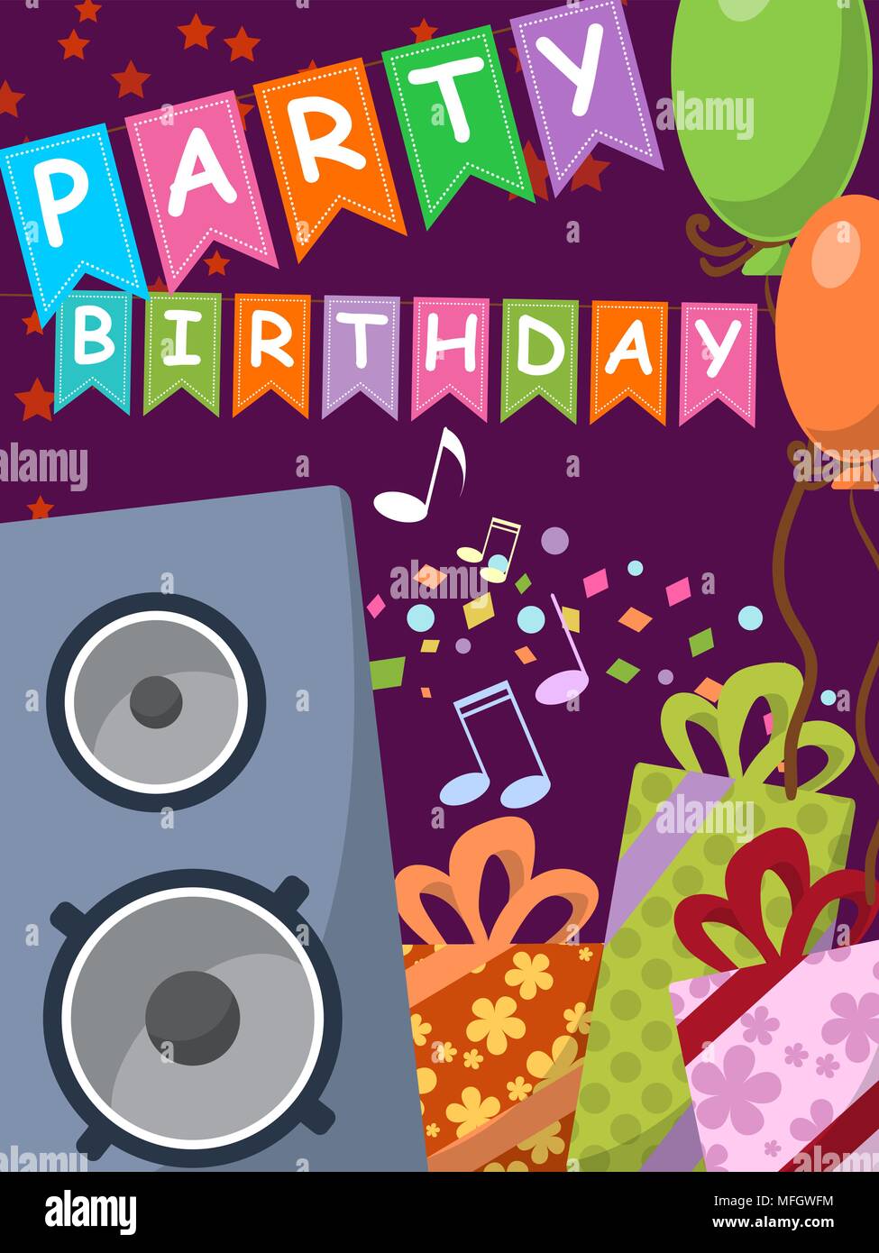 Birthday card with audio speakers, gifts and flags. Vector illustration ...