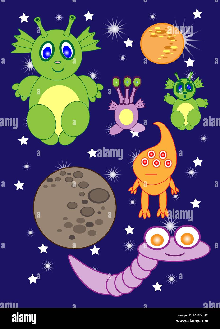 Cartoon cute monsters space of astronauts aliens, rocket, planets ...