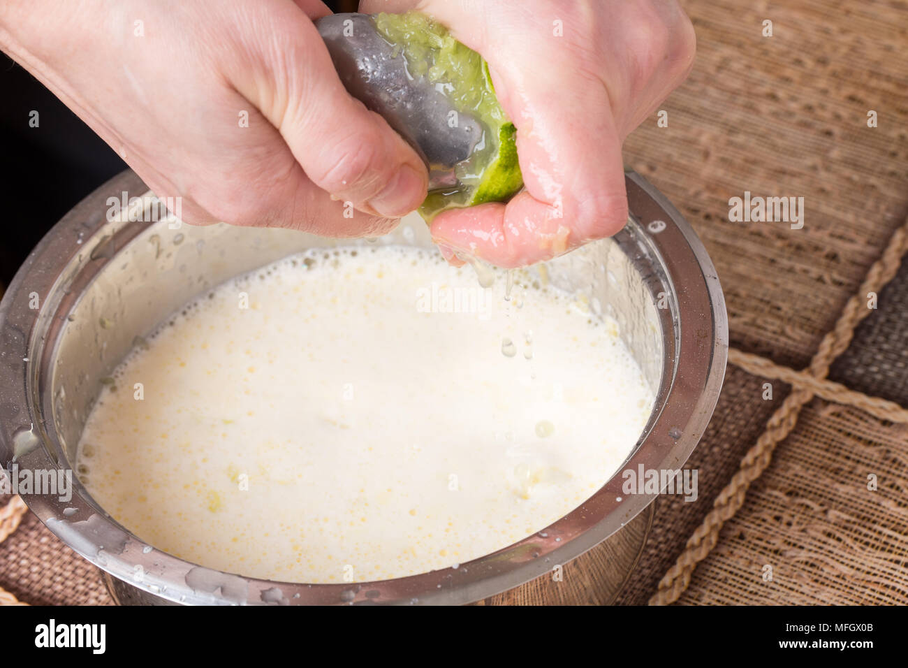 Squeezing lime in cake dough closeup. Photo can be used as a whole ...