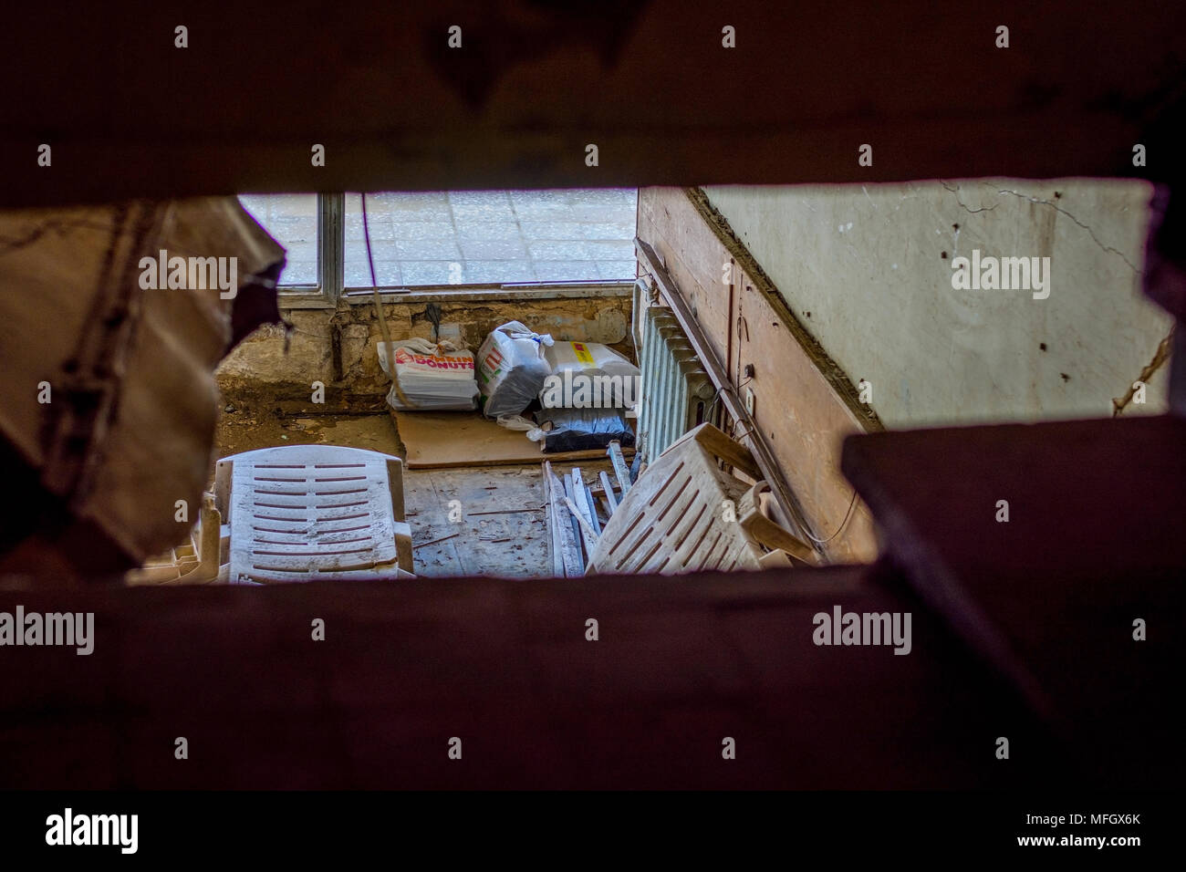 Abandoned and falling apart building of the swimming pool complex ...