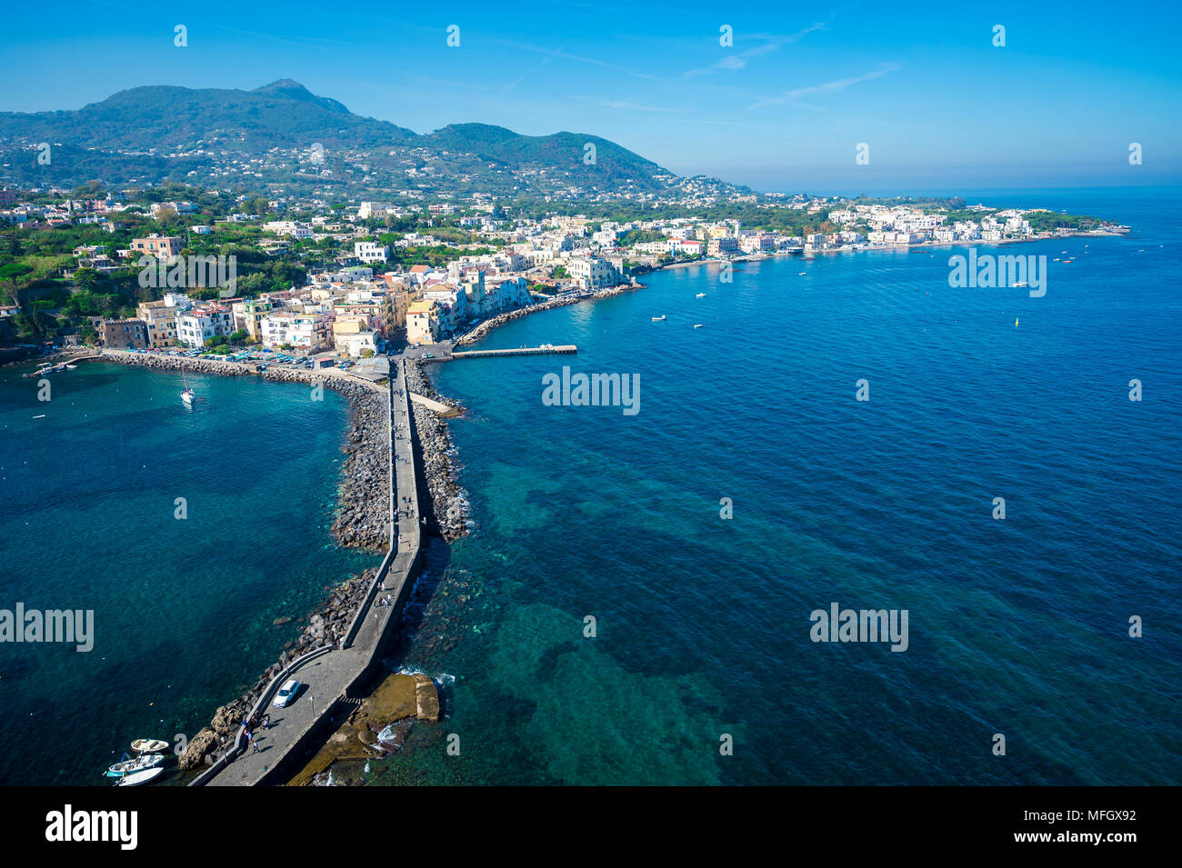 Scenic overlook view of the waterfront village of Ischia Ponte with the ...