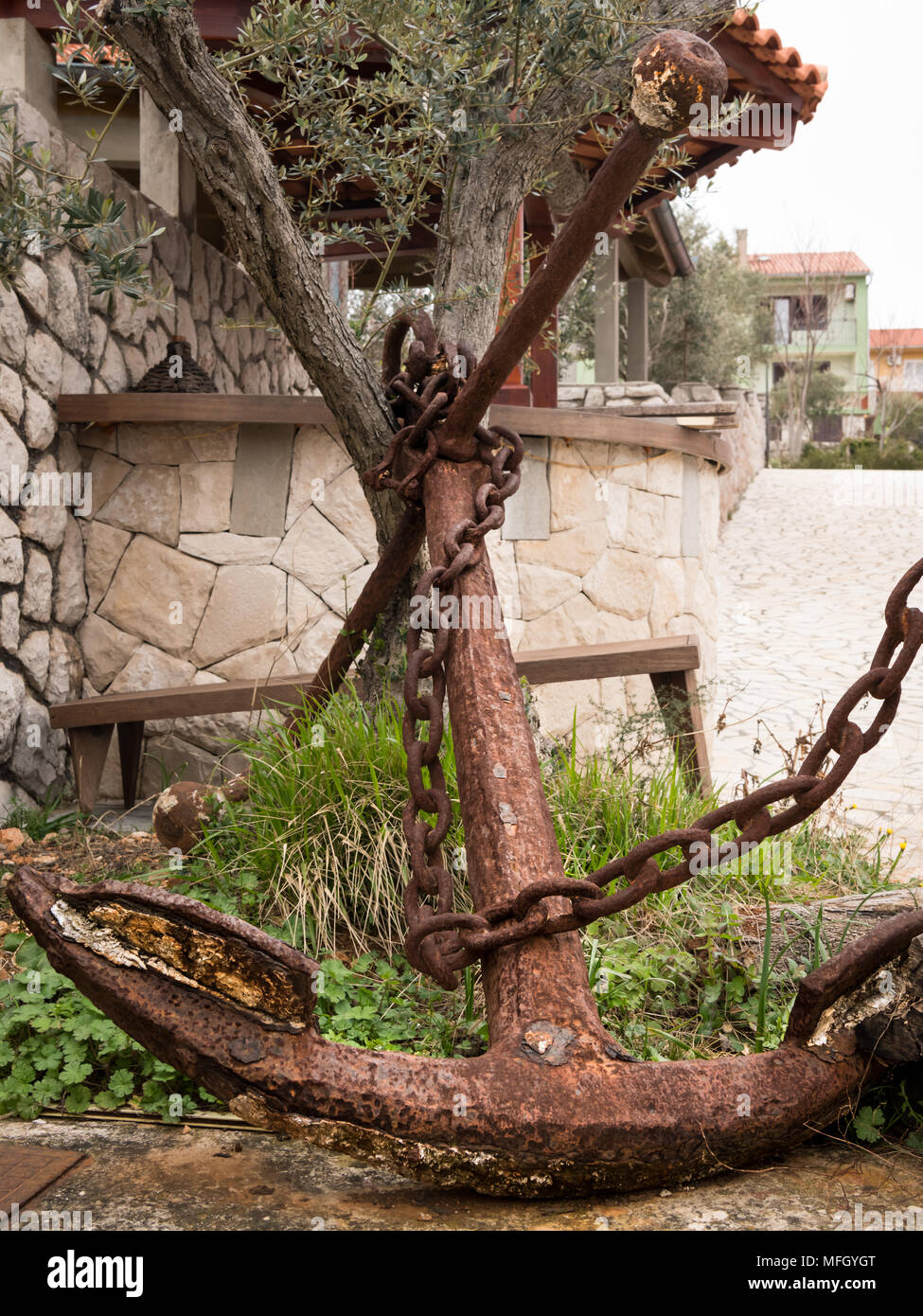Detail of a big old rusty anchor used for decoration in Croatia Stock ...