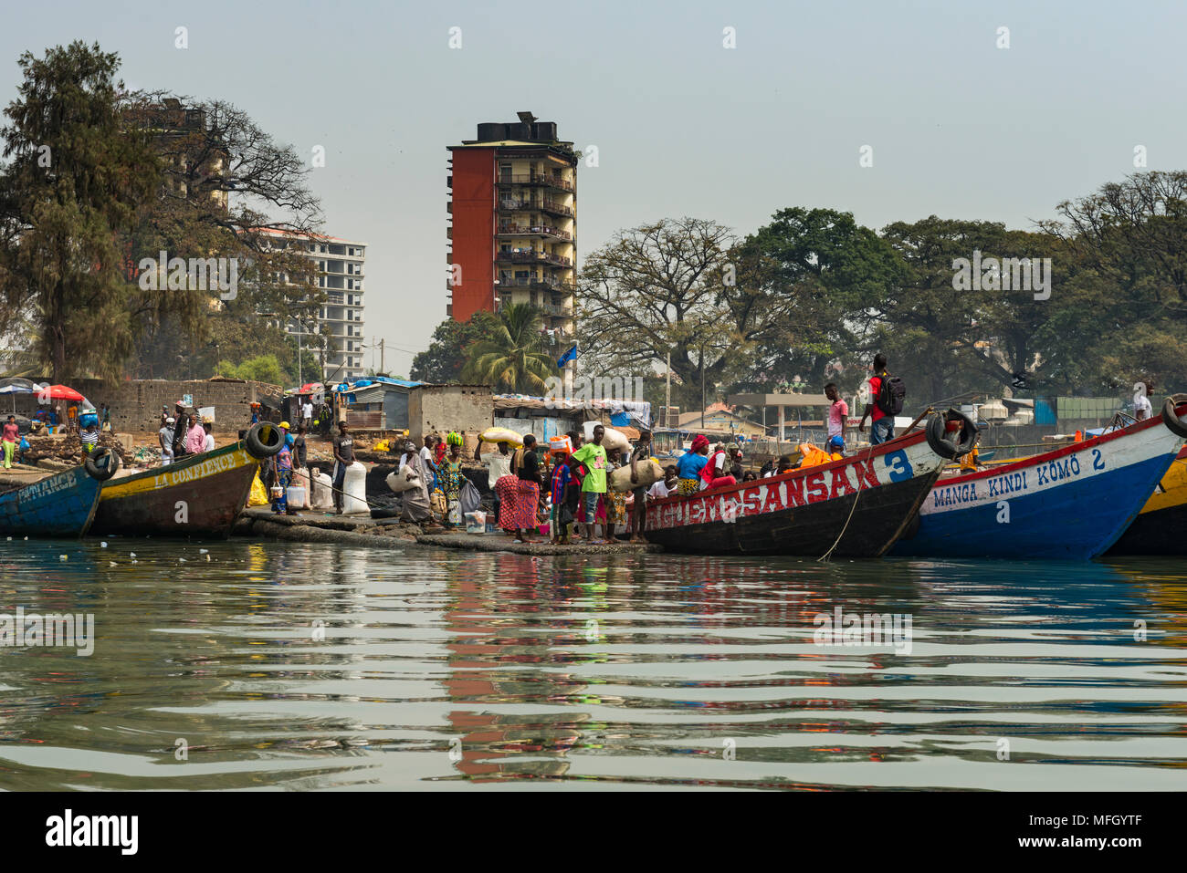 Local fishing boats in the harbour of Conakry, Republic of Guinea, West ...