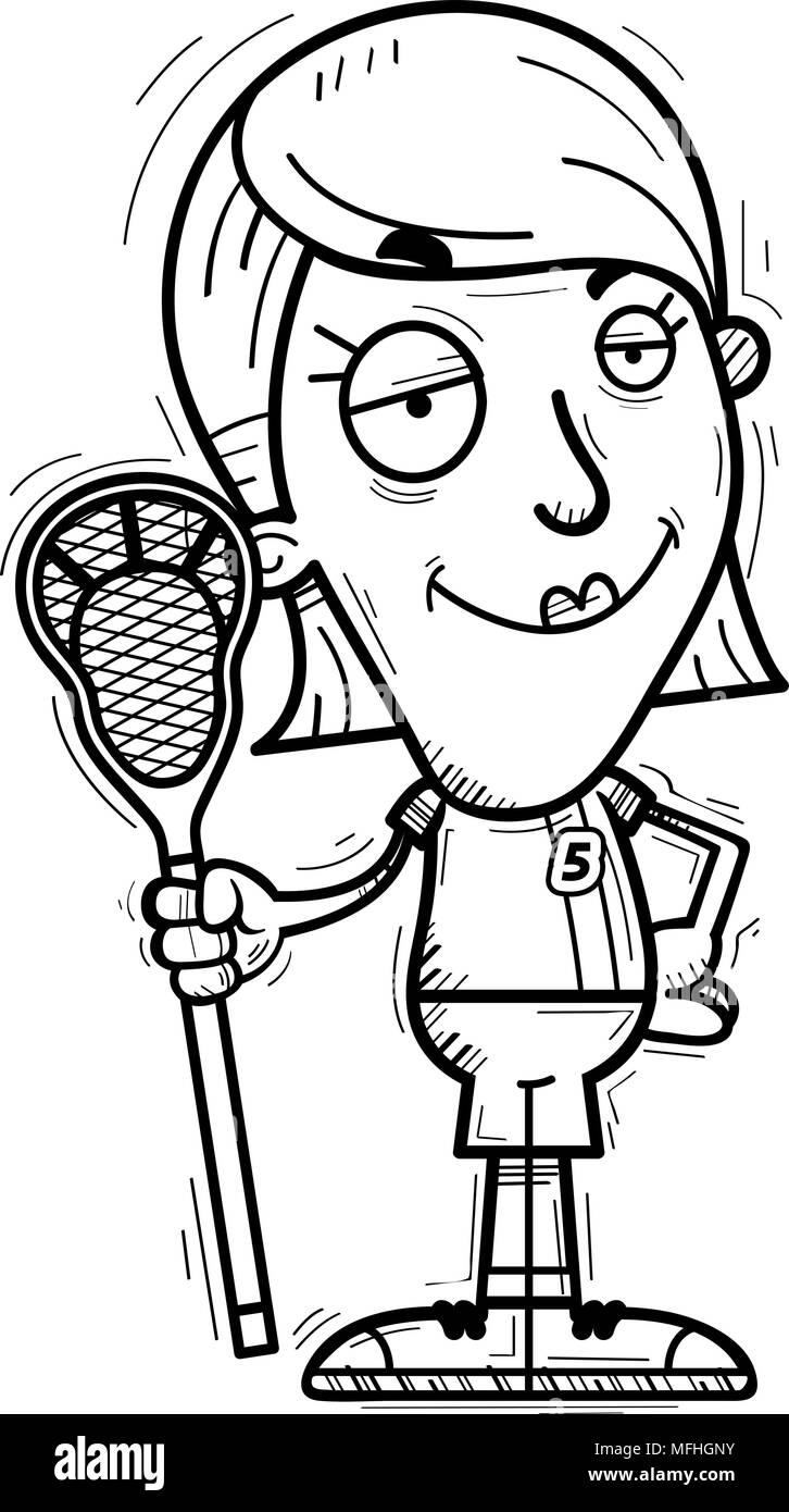 A cartoon illustration of a woman lacrosse player looking confident ...