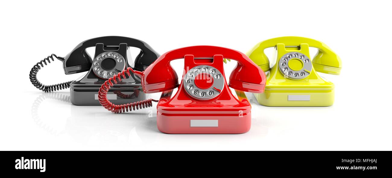 Old retro phones, red, yellow and black, isolated on white background ...