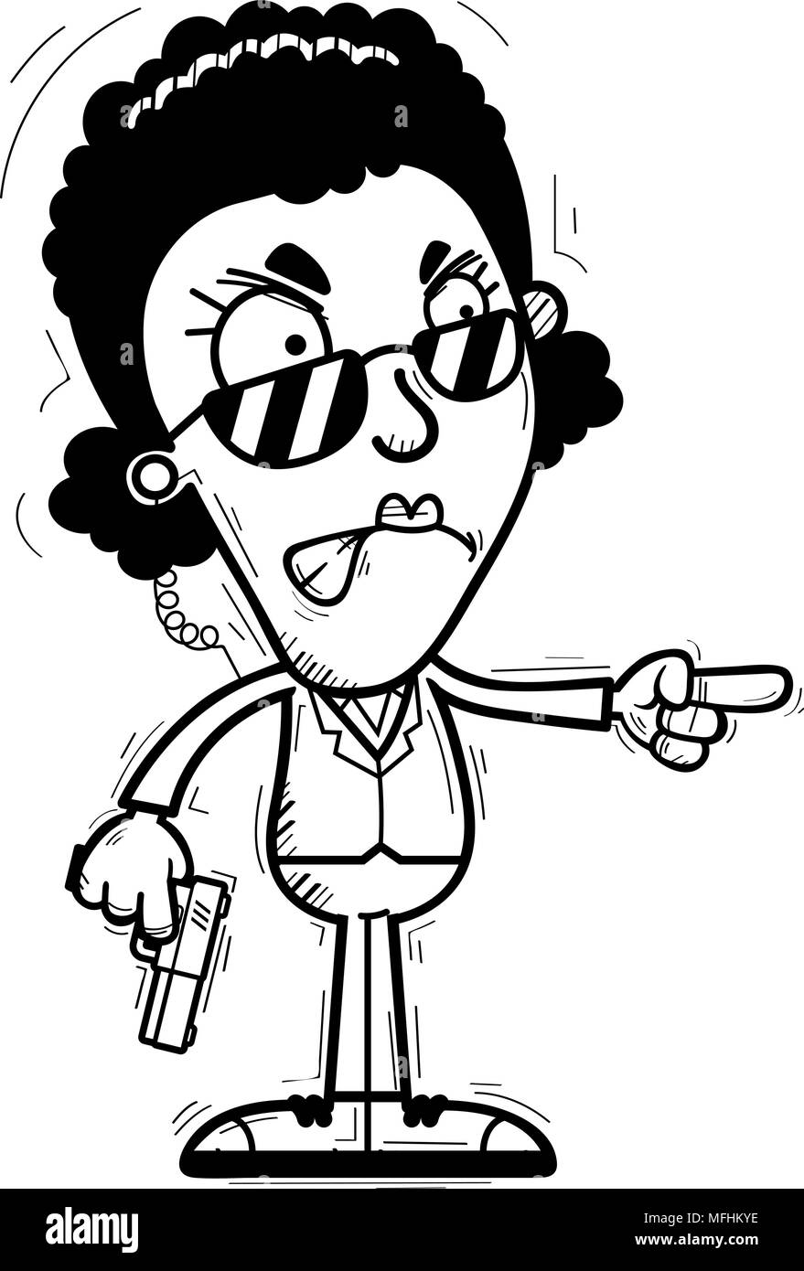 A cartoon illustration of a black woman secret service agent looking ...