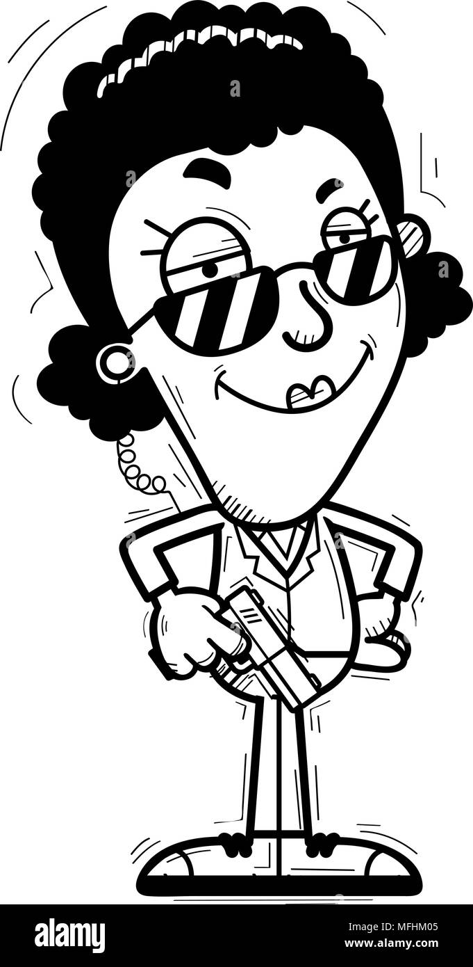 A cartoon illustration of a black woman secret service agent looking ...
