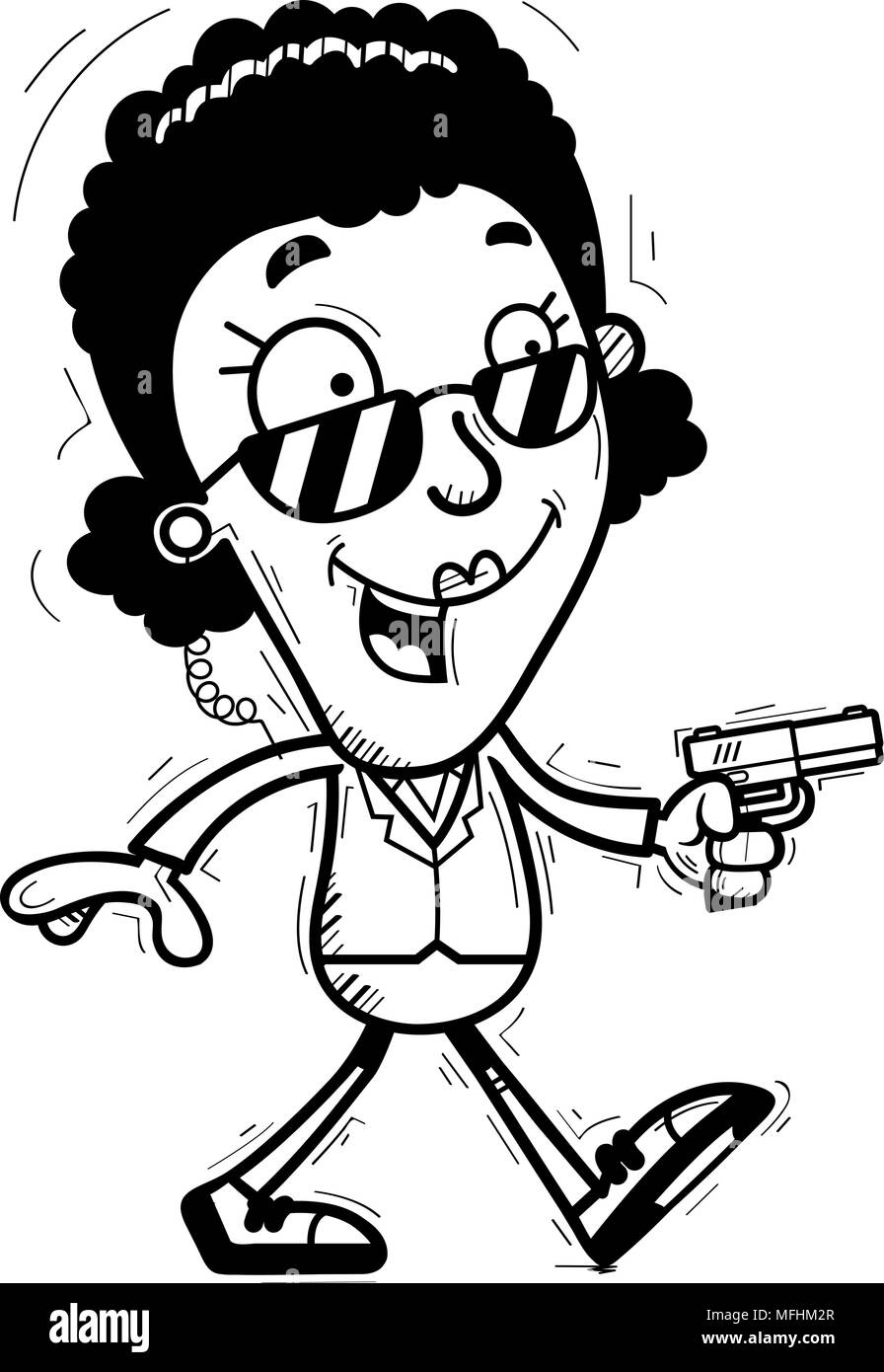 A cartoon illustration of a black woman secret service agent walking ...