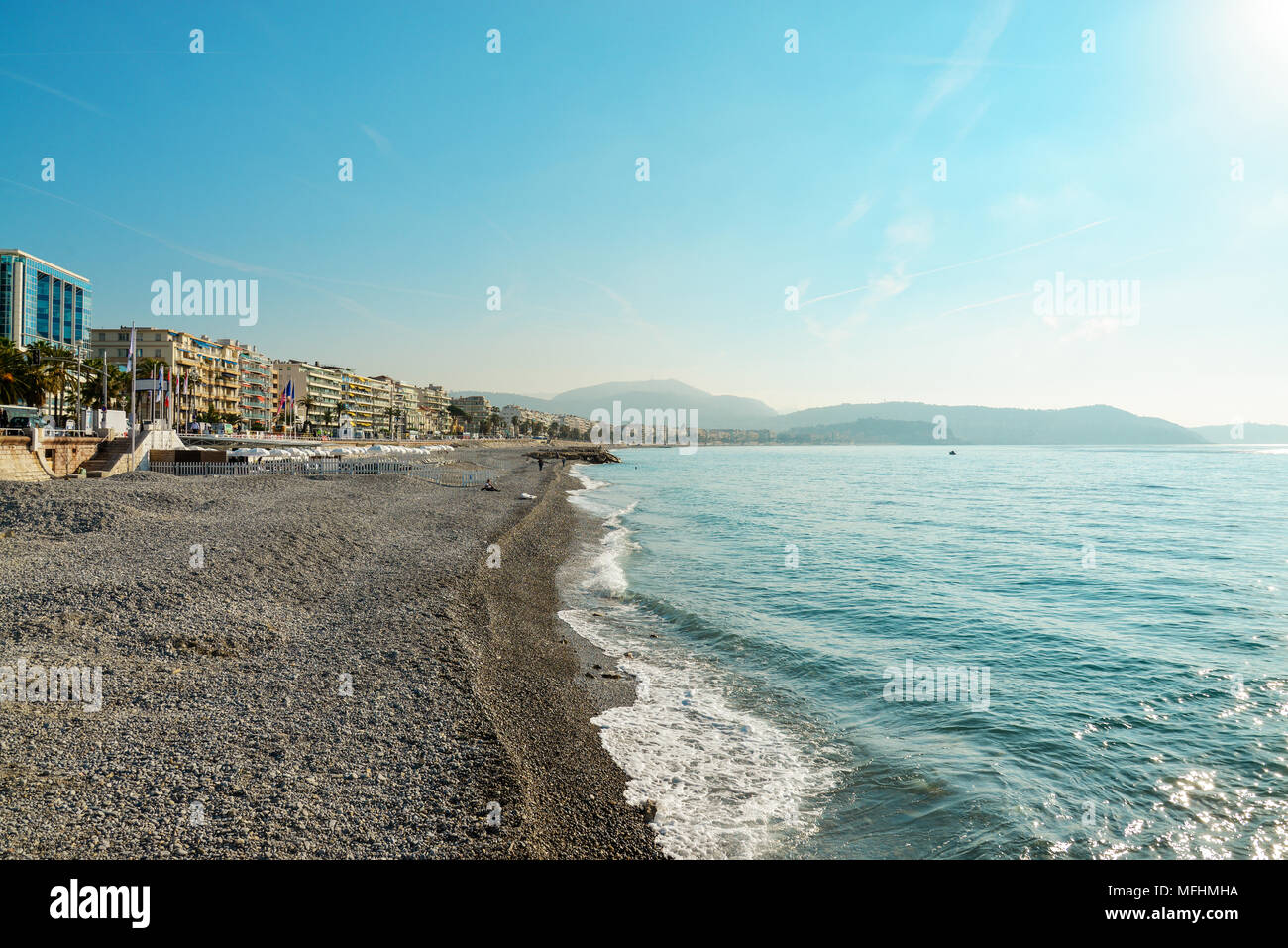 Empty beach in Nice and Promenade des Anglais - the main embankment of ...
