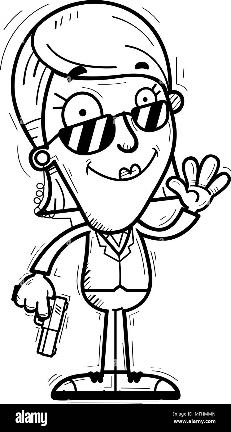A cartoon illustration of a woman secret service agent waving Stock ...