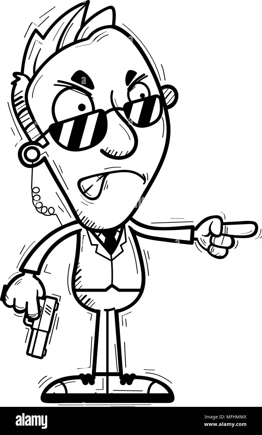 A cartoon illustration of a man secret service agent looking angry and ...
