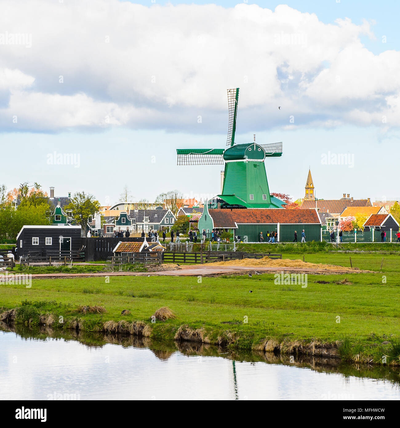 Windmills of Zaanse Schans, quiet village in Netherlands Stock Photo ...