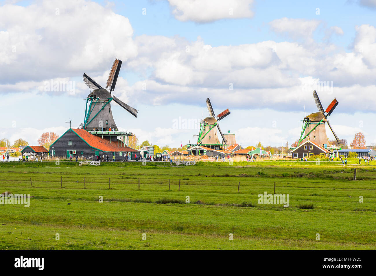 Windmills of Zaanse Schans, quiet village in Netherlands Stock Photo ...