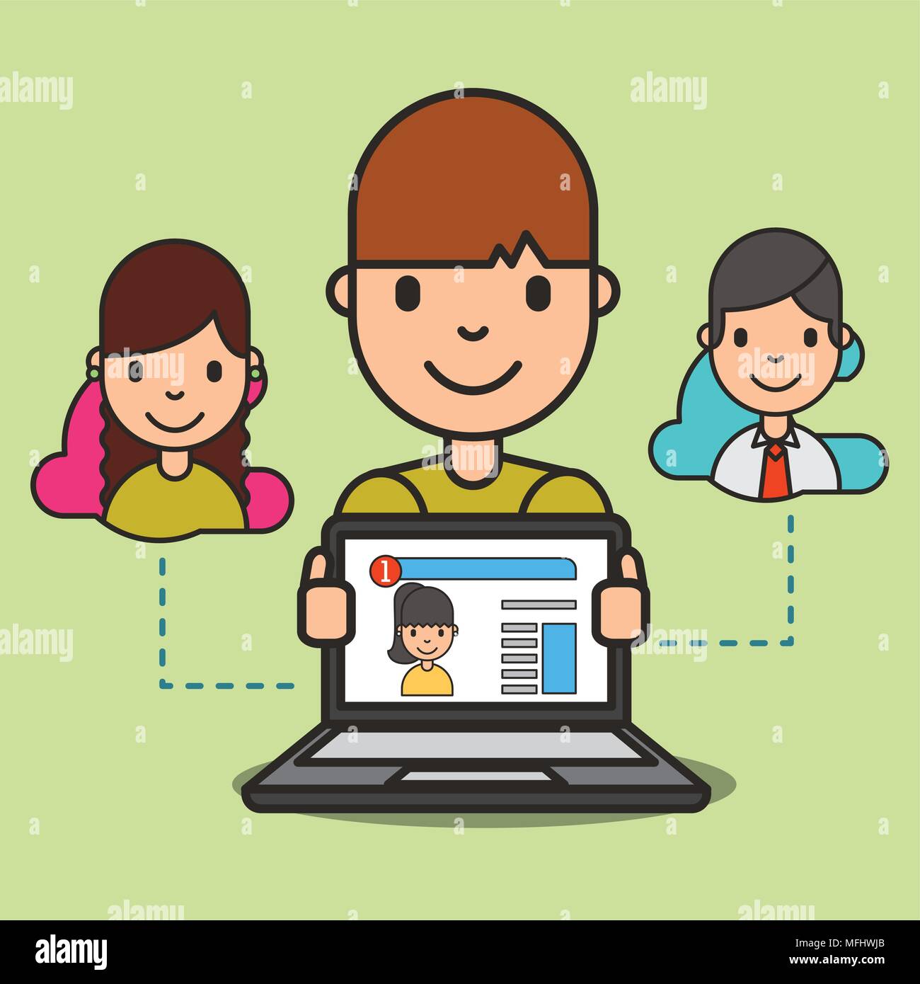 cartoon boy with laptop website girl on screen chatting Stock Vector ...