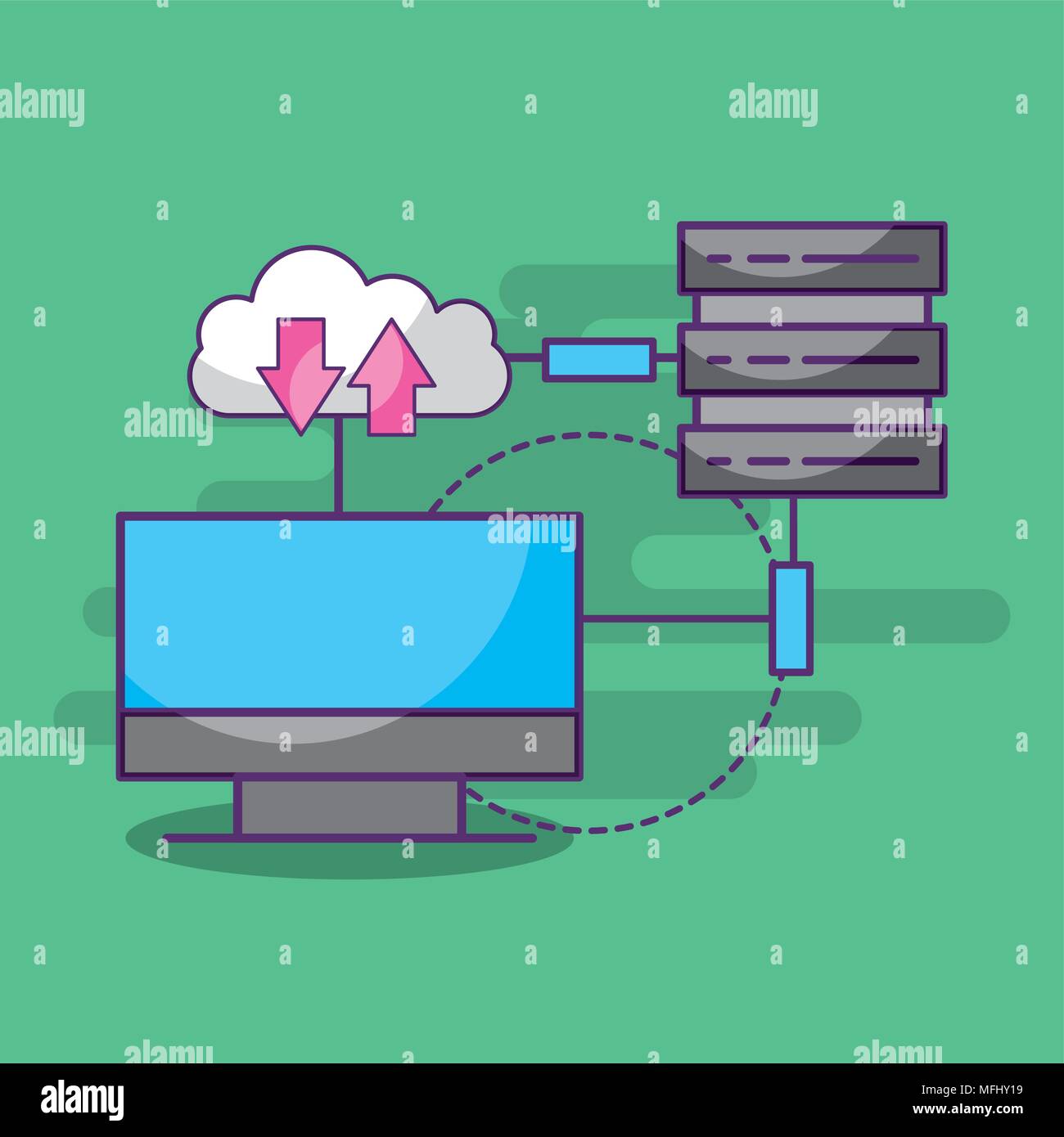 computer connected data base server cloud download and upload Stock ...