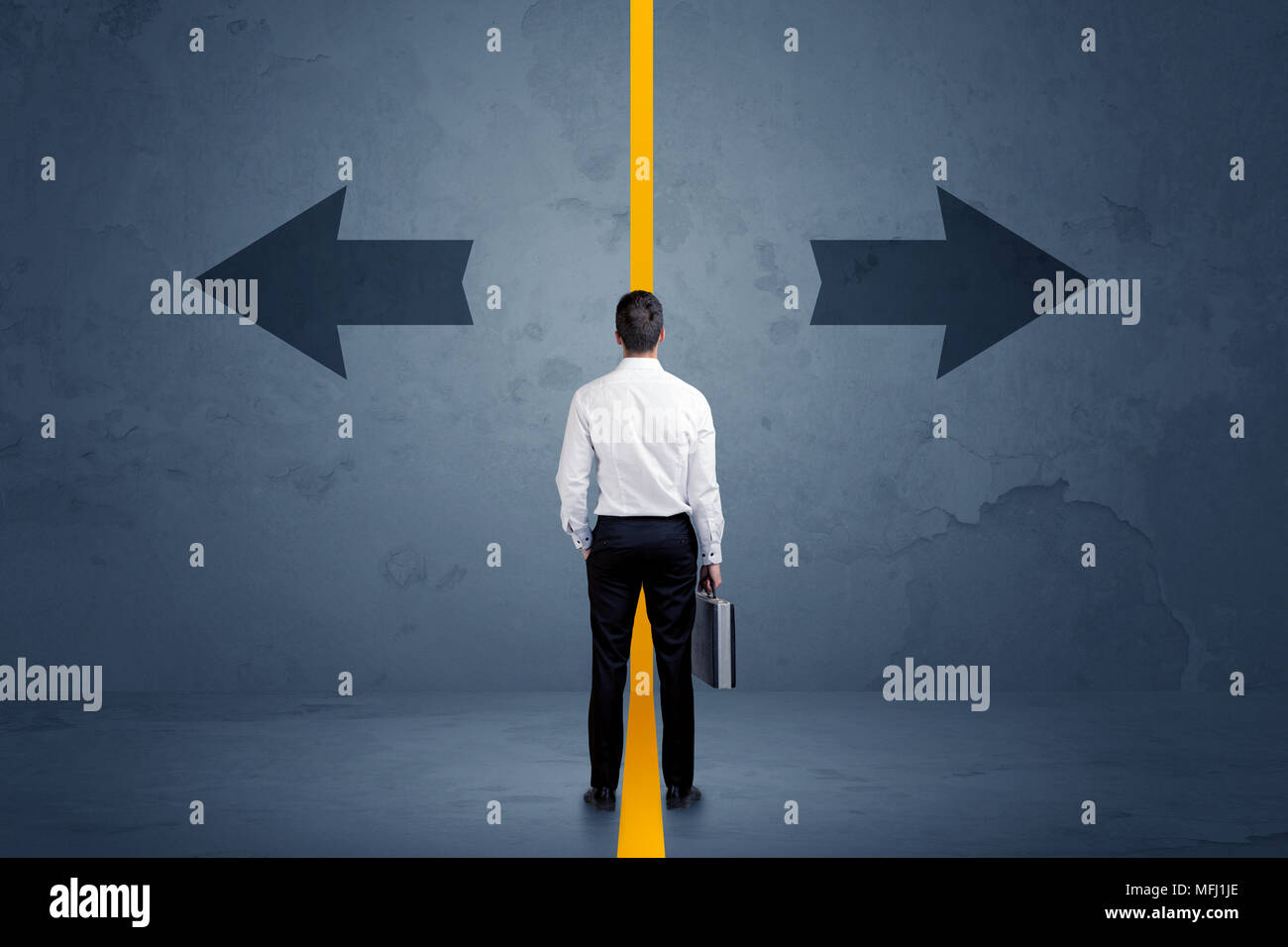 Business person choosing between two options separated by a yellow ...