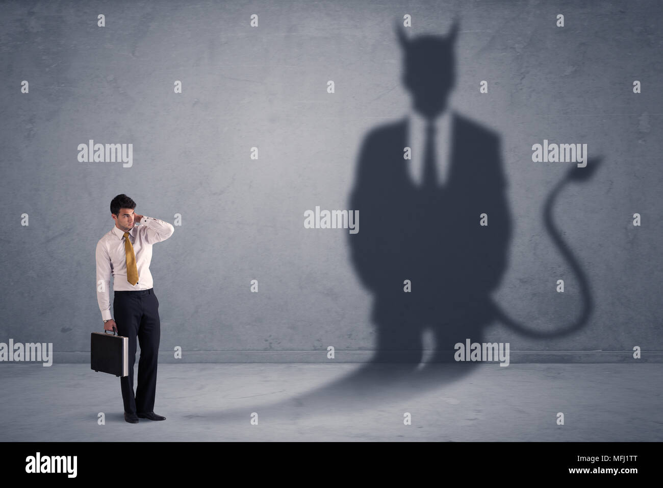 Business man looking at his own devil demon shadow concept background ...