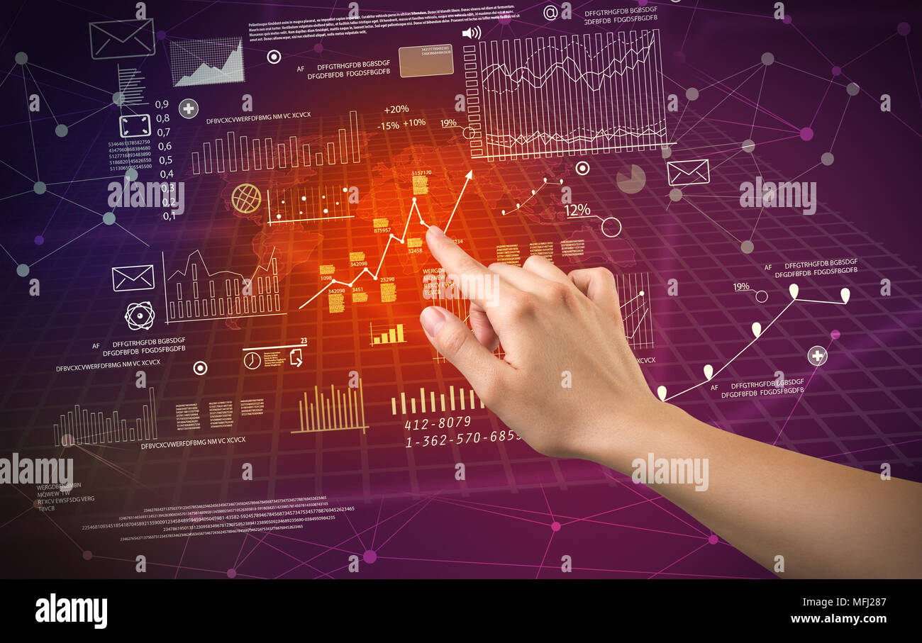 Female hand touching charts and graphs on a red and purple background ...