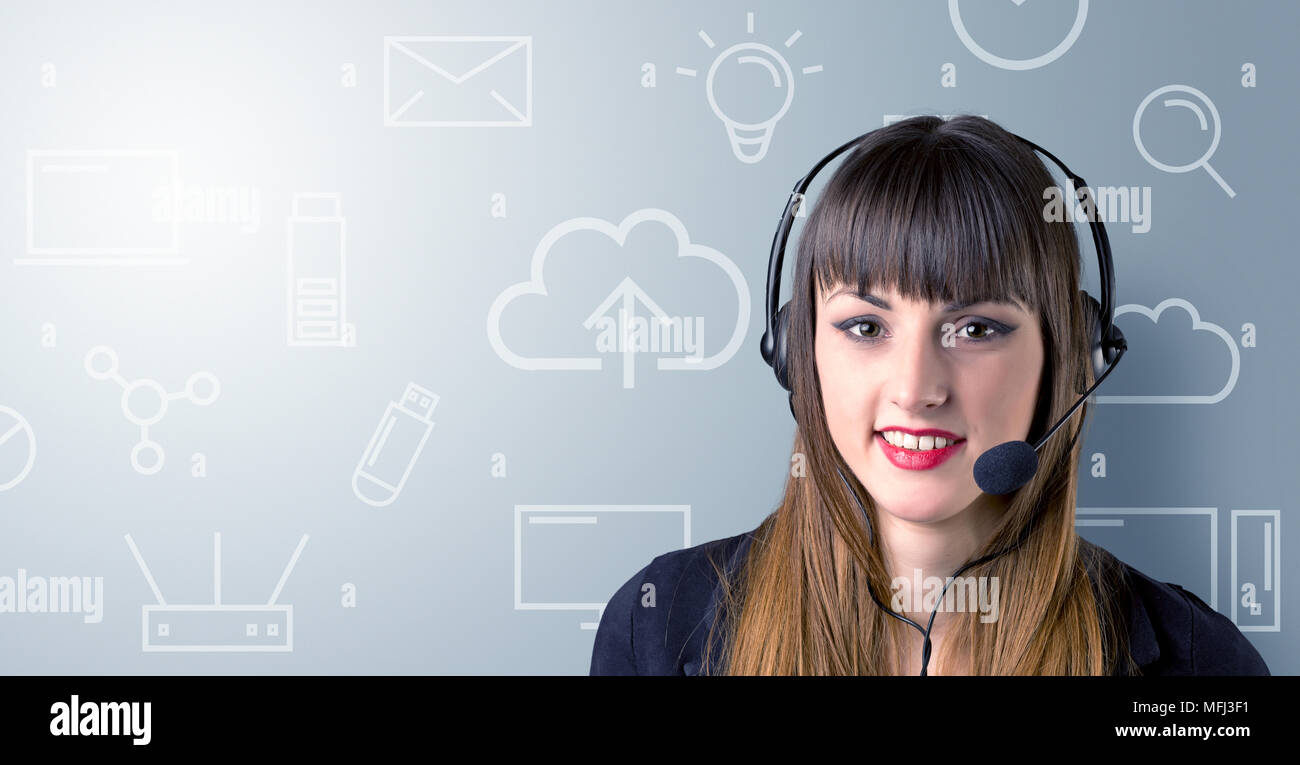 Young female telemarketer with white mixed media icons around her Stock ...