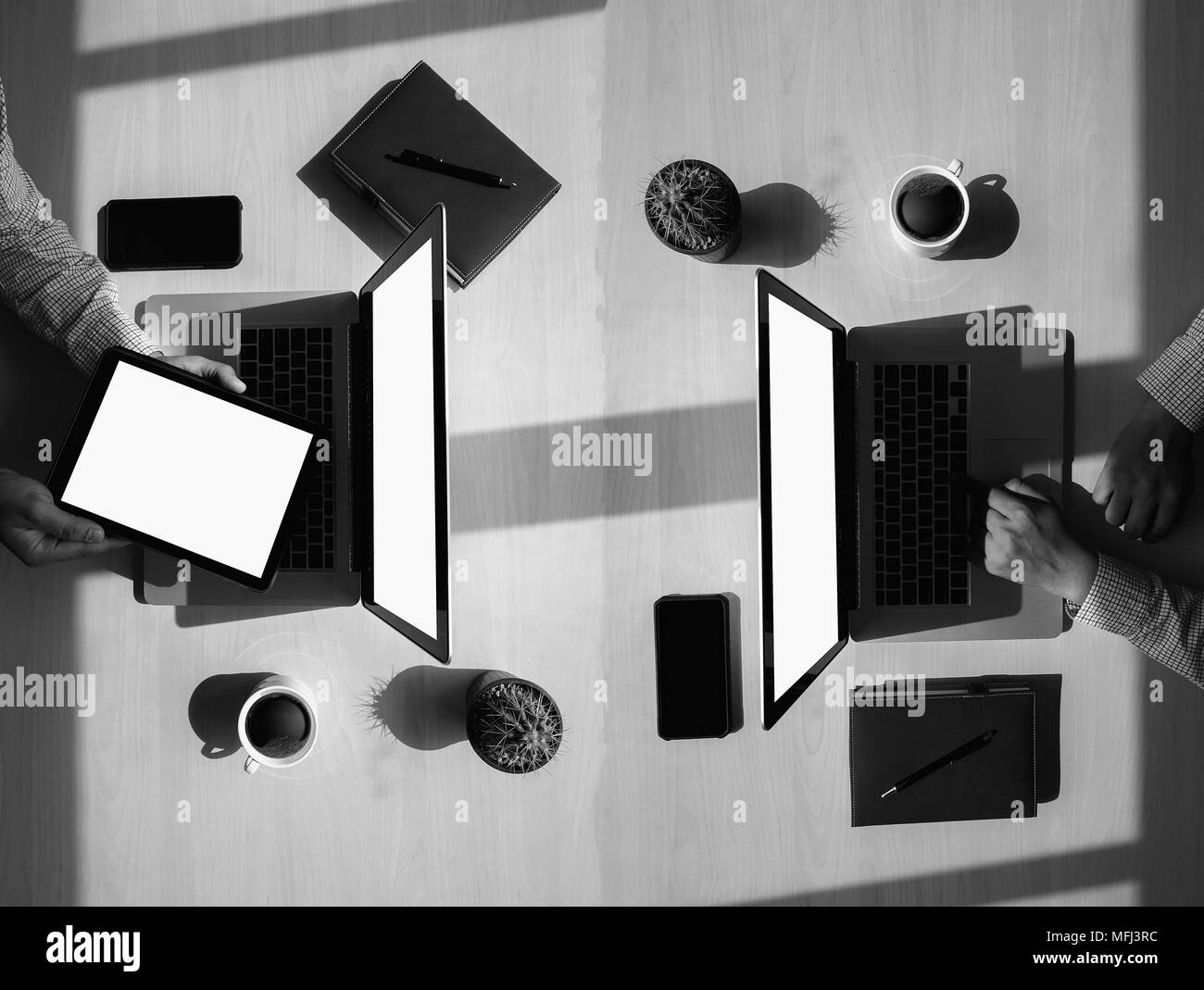 Overhead View top view man Working Desk Concept Stock Photo - Alamy