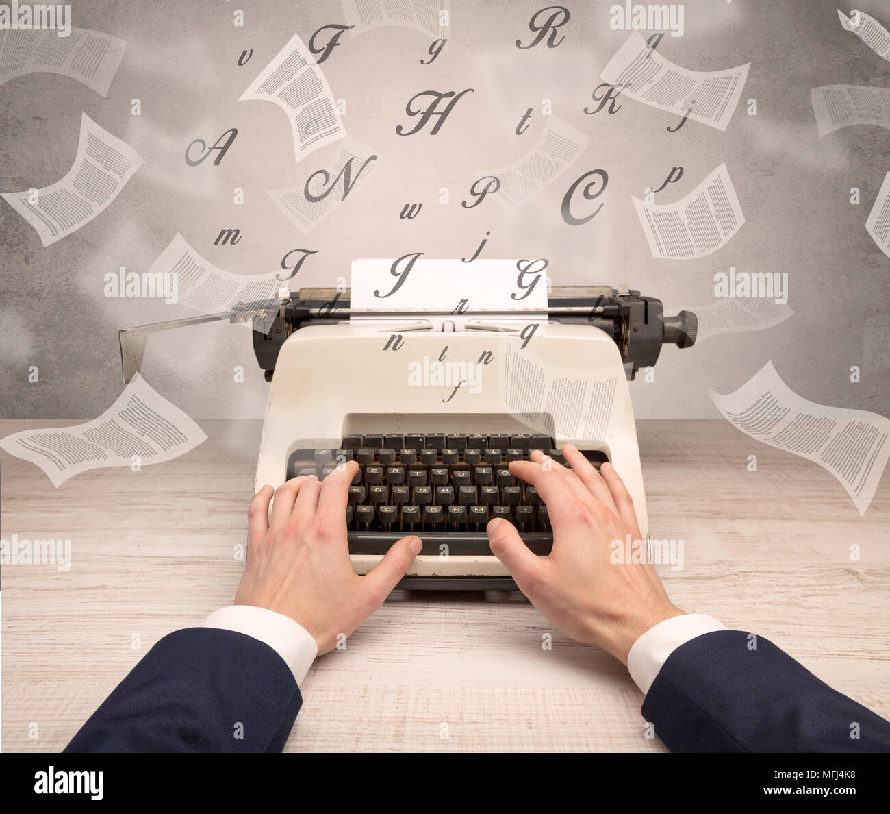 First person perspective hand typewriting with flying documents around ...