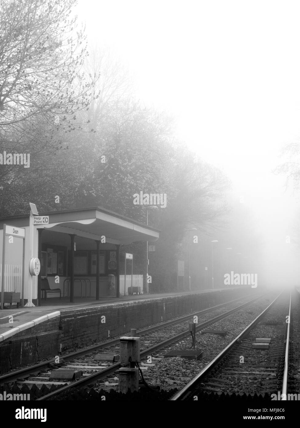 West Dean railway Station, early misty spring morning, located on the ...