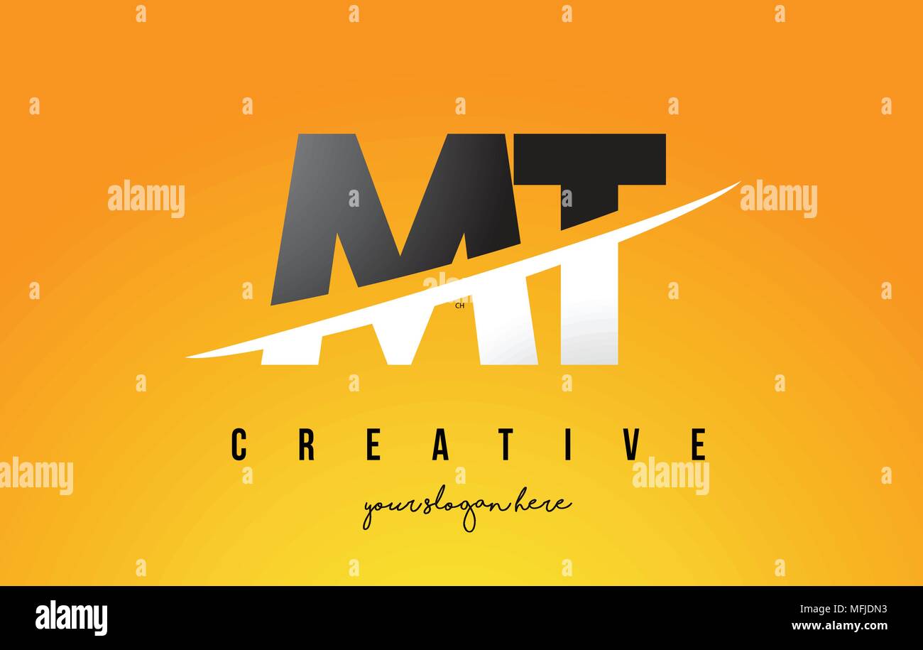 MT M T Letter Modern Logo Design with Swoosh Cutting the Middle Letters and Yellow Background ...