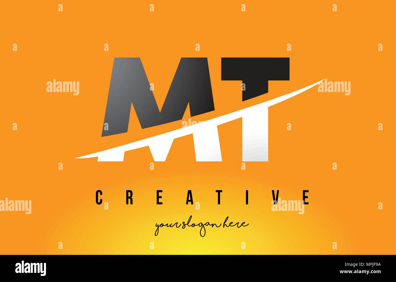 MT M T Letter Modern Logo Design with Swoosh Cutting the Middle Letters and Yellow Background ...