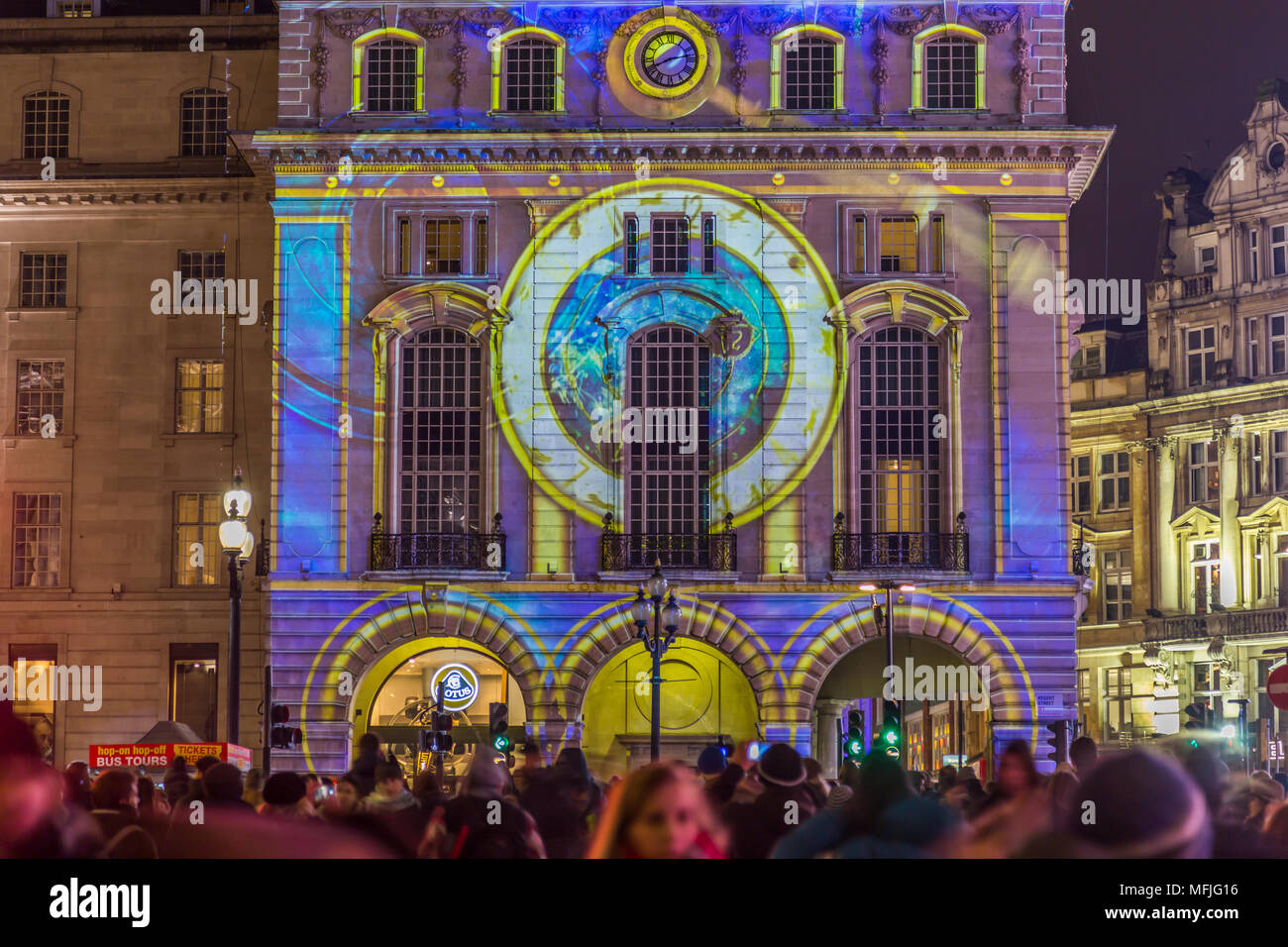 Illuminated building on Piccadilly Circus during London Lumiere, London ...
