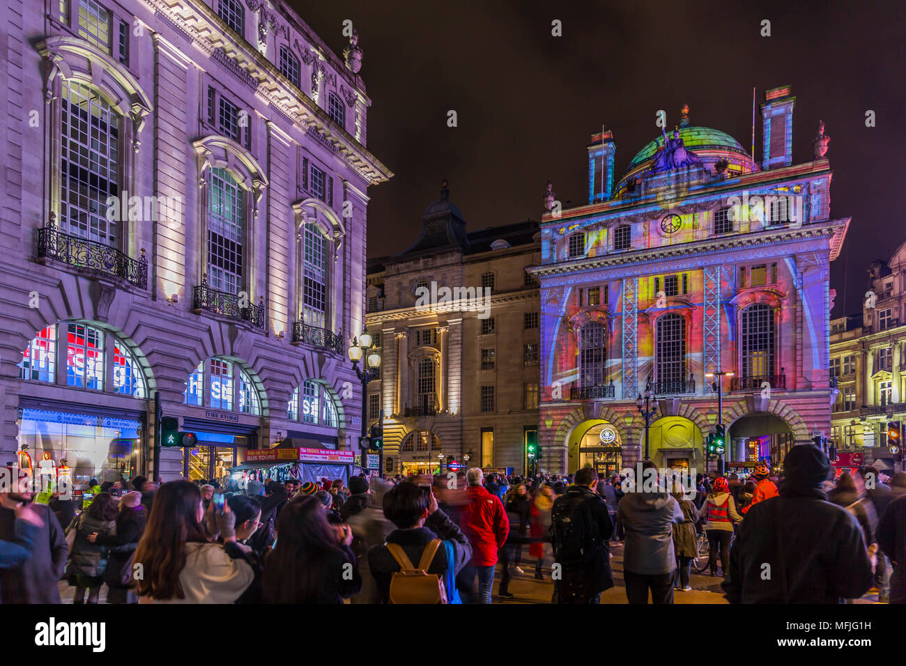 Illuminated building on Piccadilly Circus during London Lumiere, London ...