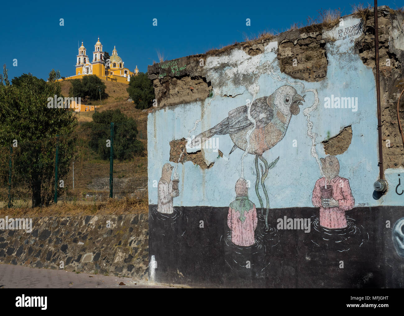 Street Mural and Shrine of Our Lady Remedios in Cholula, Mexico Stock ...