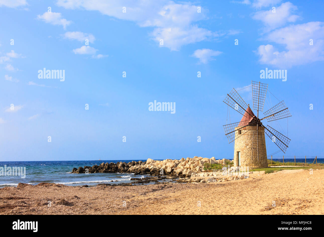 Windmill, Baia dei Mulini, Trapani, Sicily, Italy, Mediterranean ...