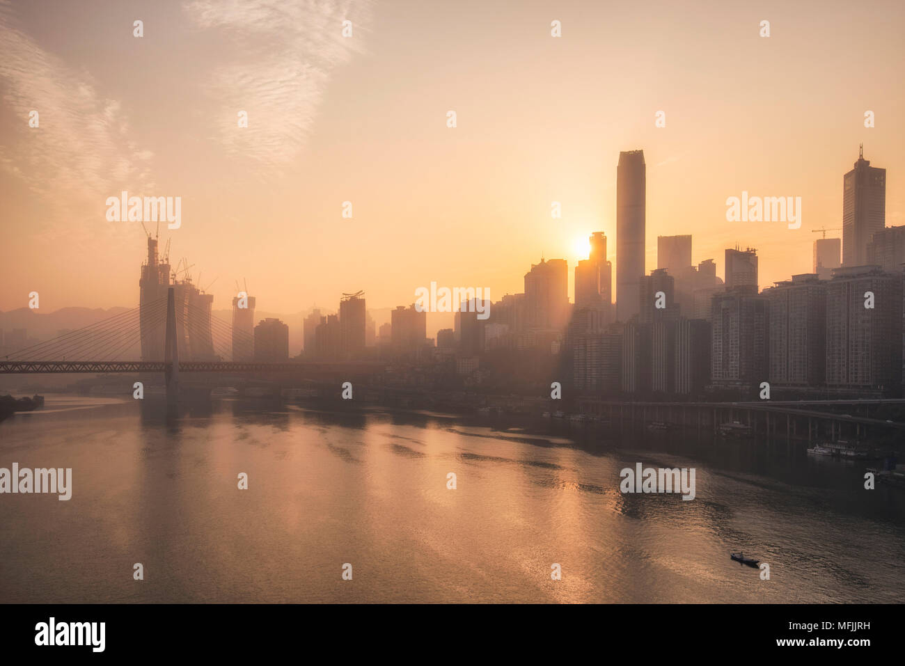 Chongqing city skyline at dawn, with the view of the Yuzhong peninsula ...