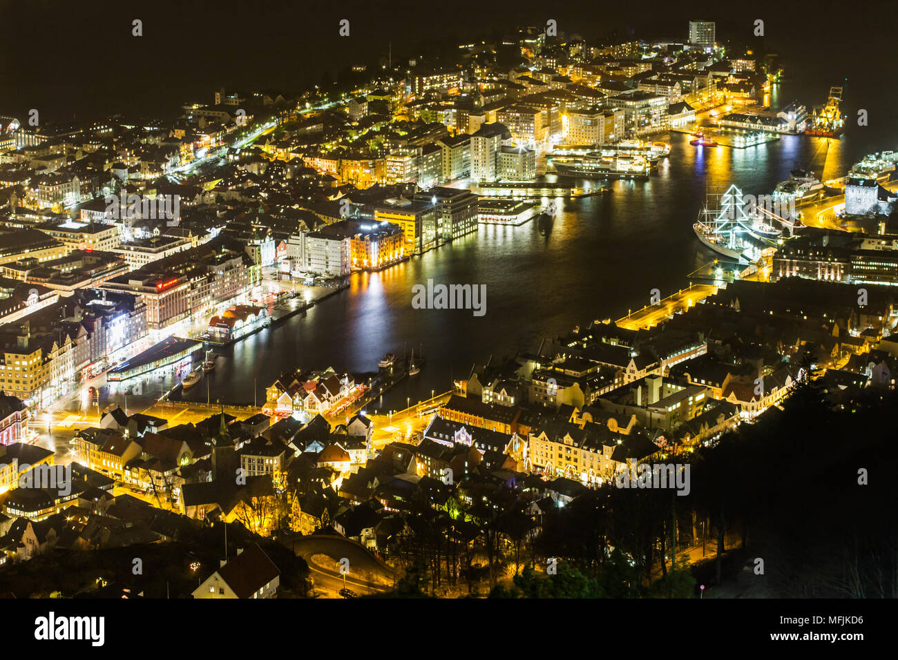 Night view of the city, Vagen Harbour and Puddefjord from the Mount ...
