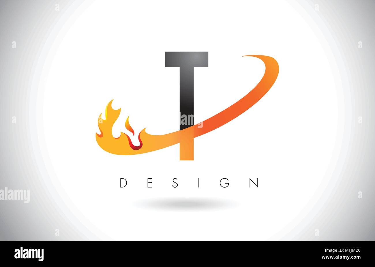 T Letter Logo Design with Fire Flames and Orange Swoosh Vector ...
