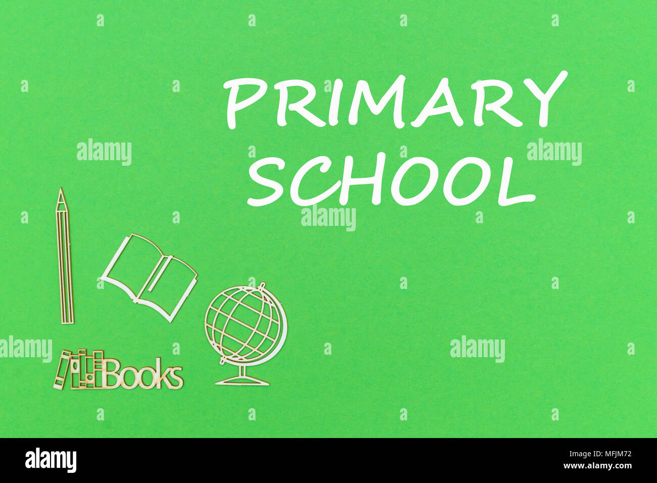 concept school for kids, text primary school, school supplies wooden ...