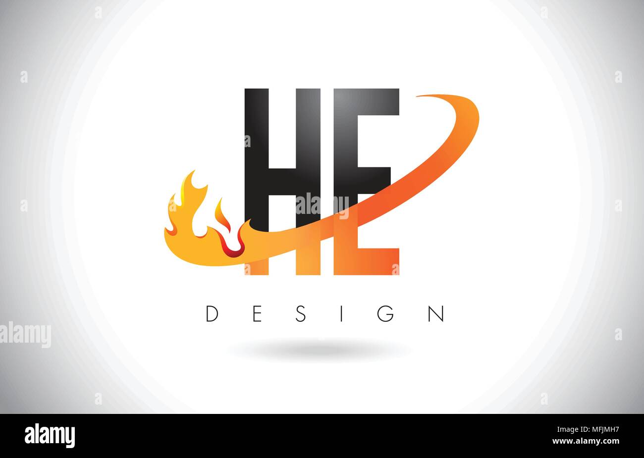 HE H E Letter Logo Design with Fire Flames and Orange Swoosh Vector ...
