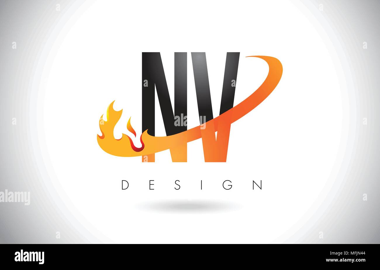 NV N V Letter Logo Design with Fire Flames and Orange Swoosh Vector ...