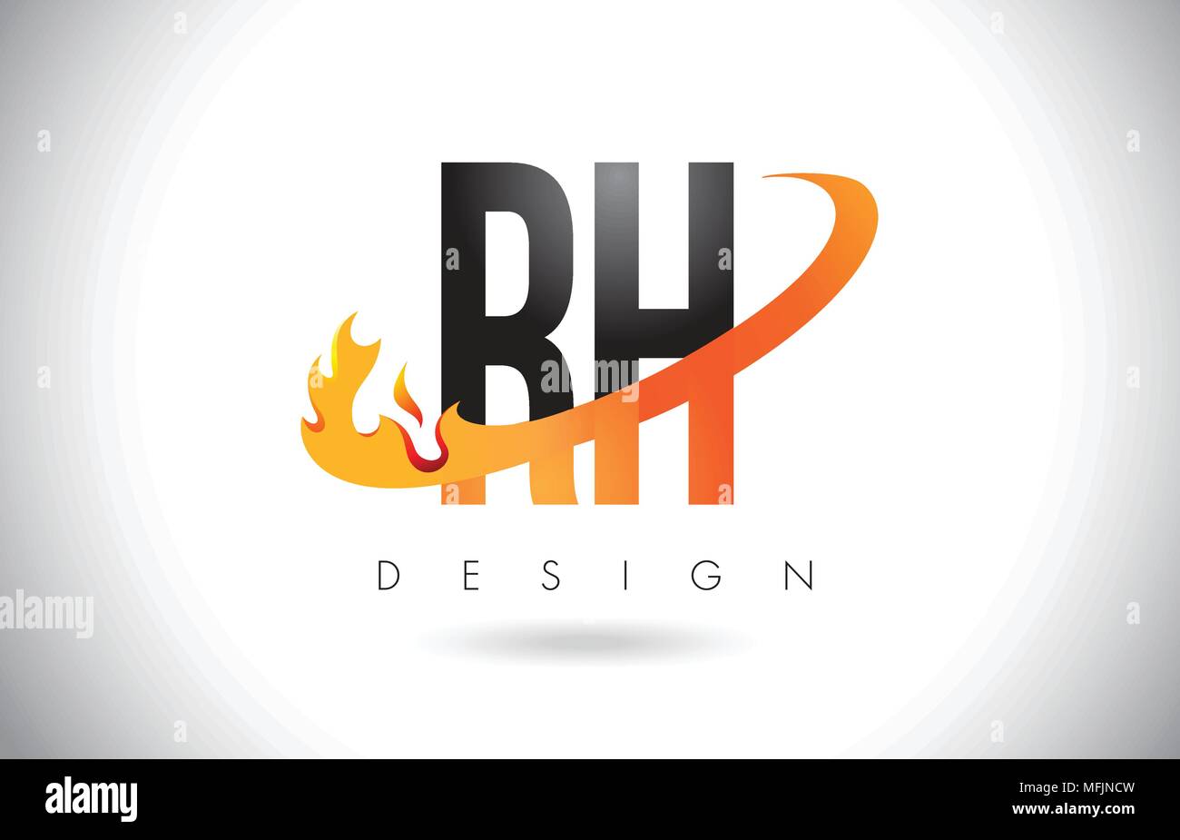 RH R H Letter Logo Design with Fire Flames and Orange Swoosh Vector ...