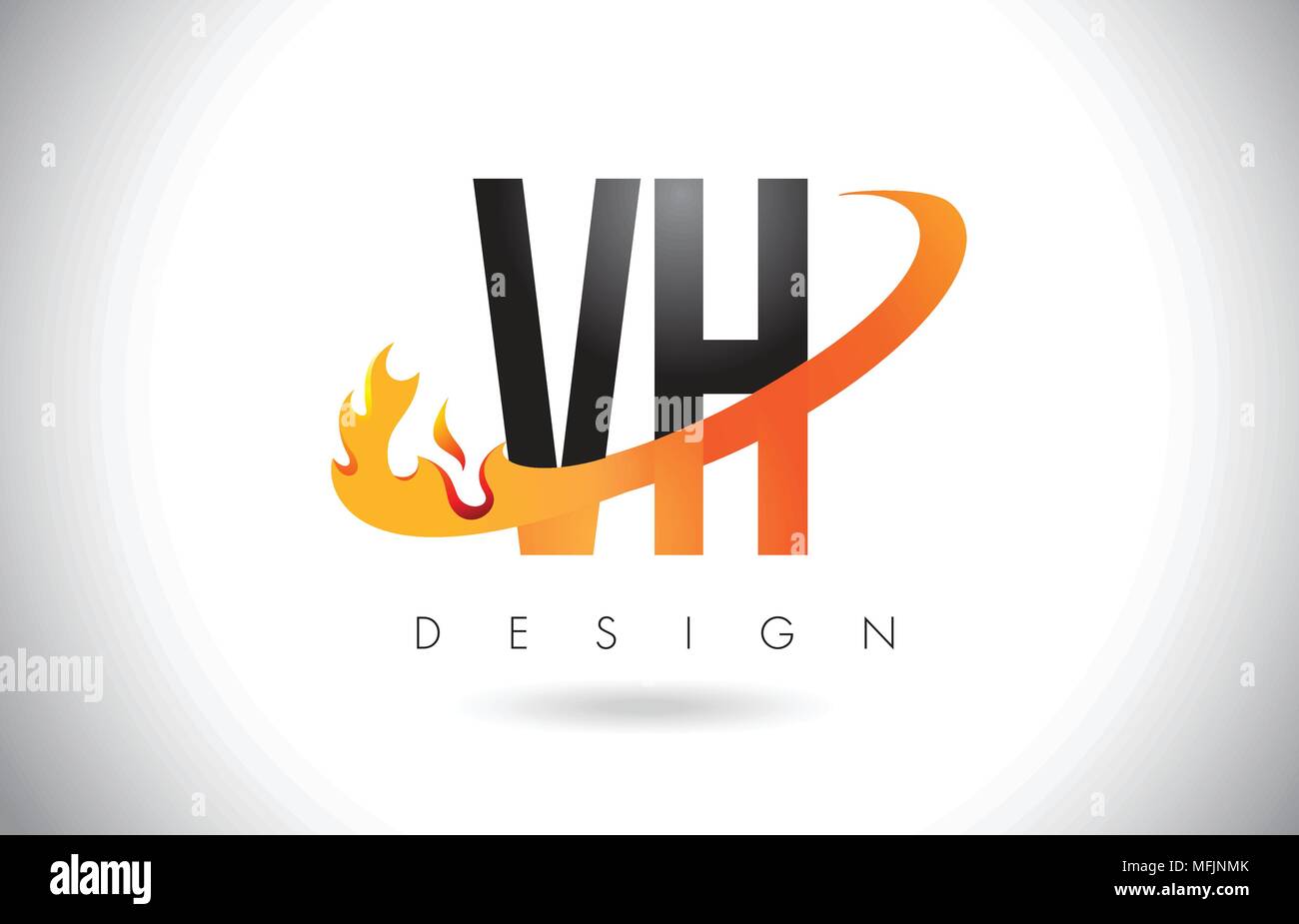 VH V H Letter Logo Design with Fire Flames and Orange Swoosh Vector ...