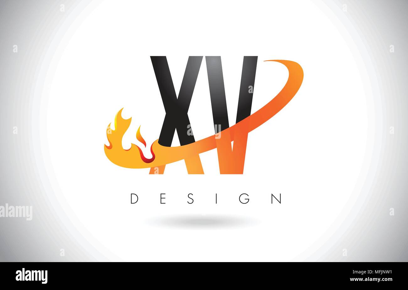 XV X V Letter Logo Design with Fire Flames and Orange Swoosh Vector ...