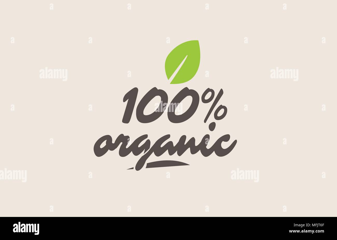 100% organic word or text with green leaf. Handwritten lettering ...