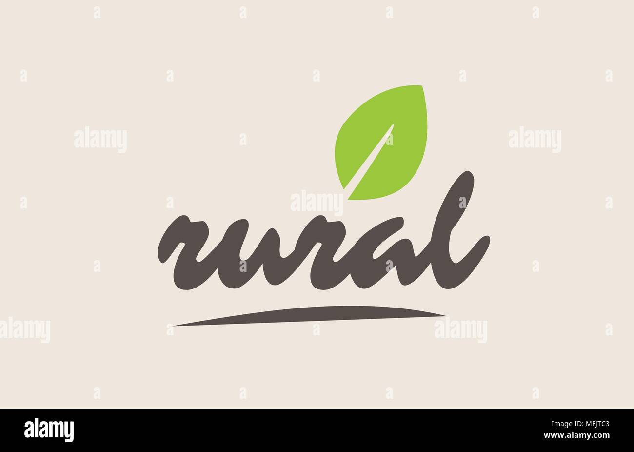 rural word or text with green leaf. Handwritten lettering suitable for ...