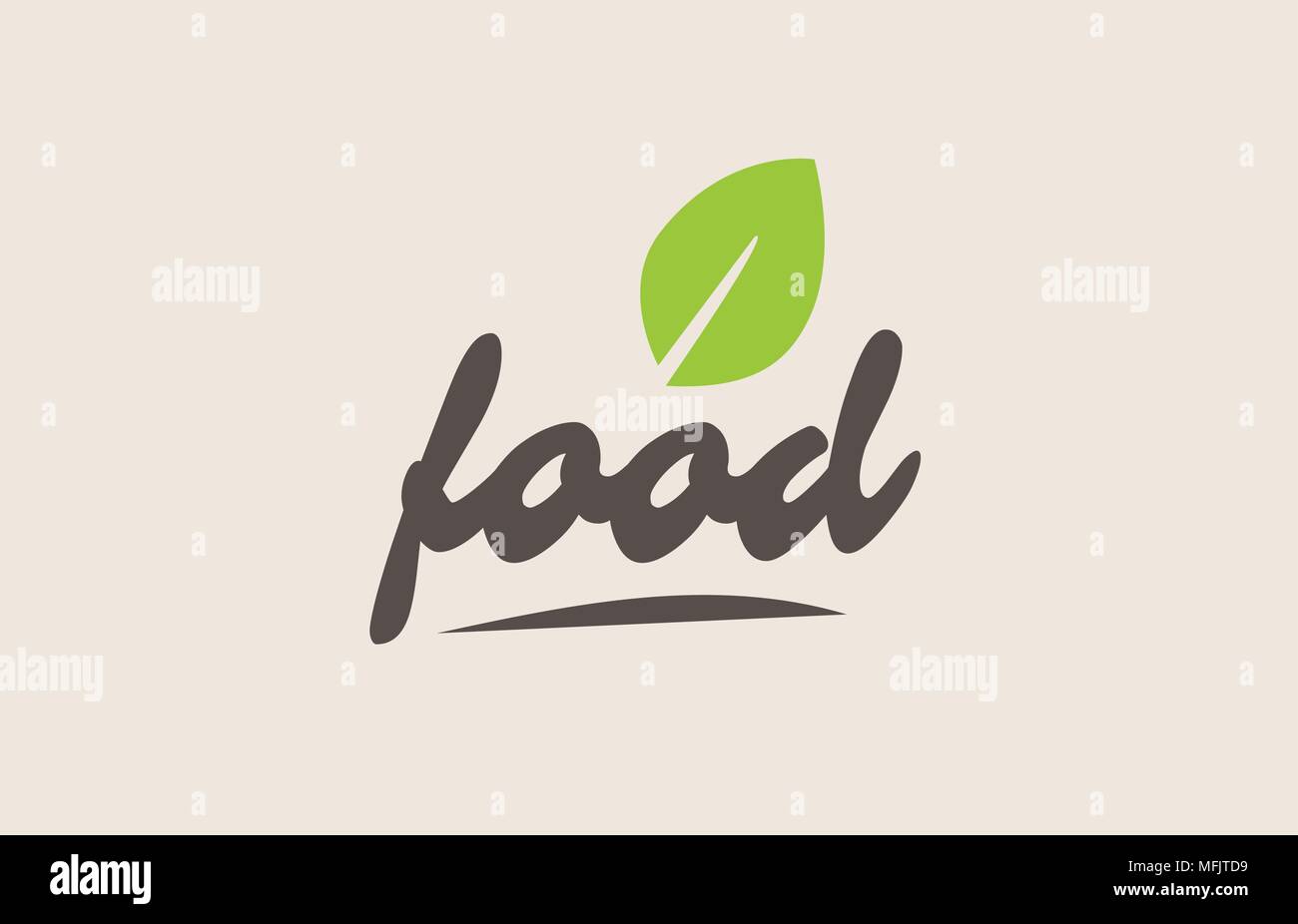 food word or text with green leaf. Handwritten lettering suitable for ...