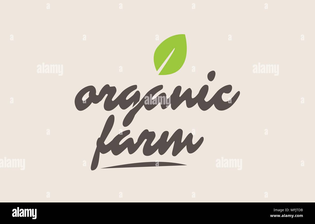 organic farm word or text with green leaf. Handwritten lettering ...