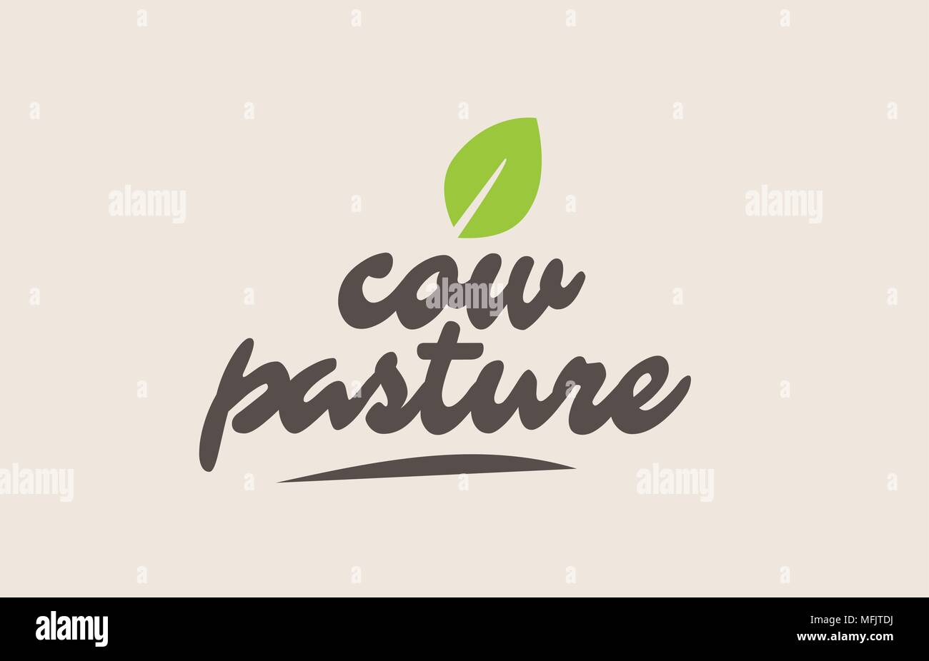 cow pasture word or text with green leaf. Handwritten lettering ...