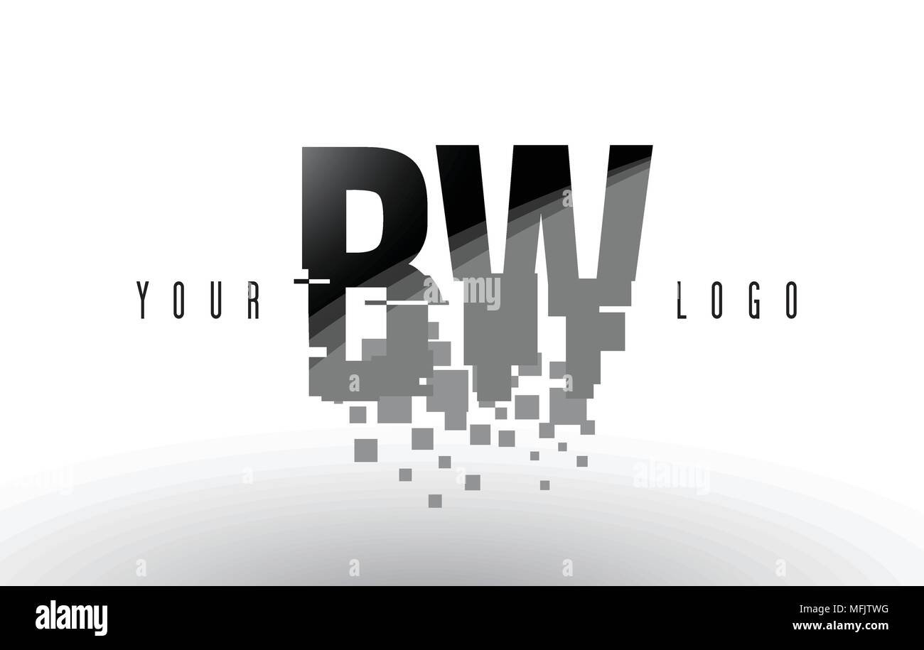 BW B W Pixel Letter Logo with Digital Shattered Black Squares. Creative ...